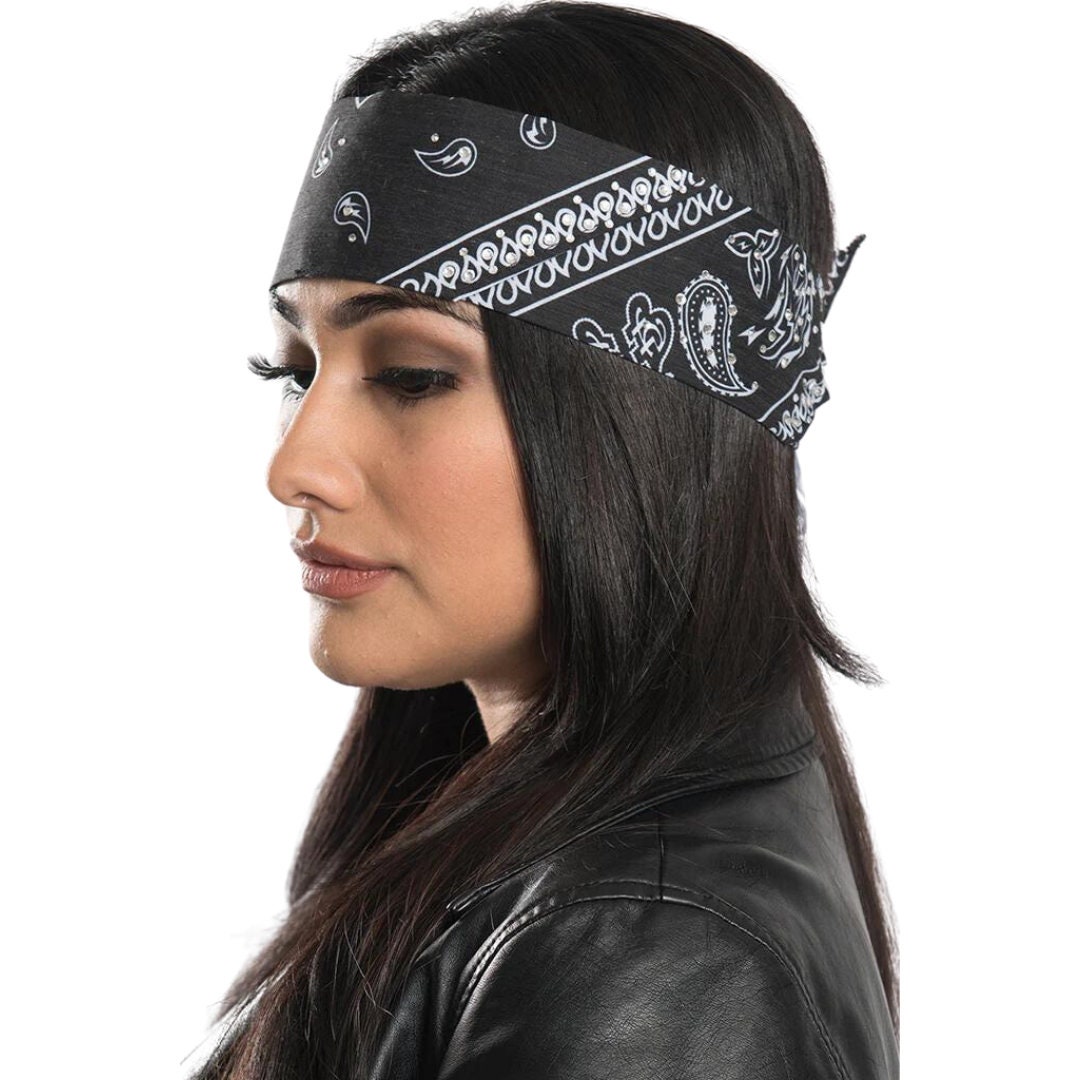 Black Paisley With Gems Pre Sewn Bandana Headband Biker Headband ...