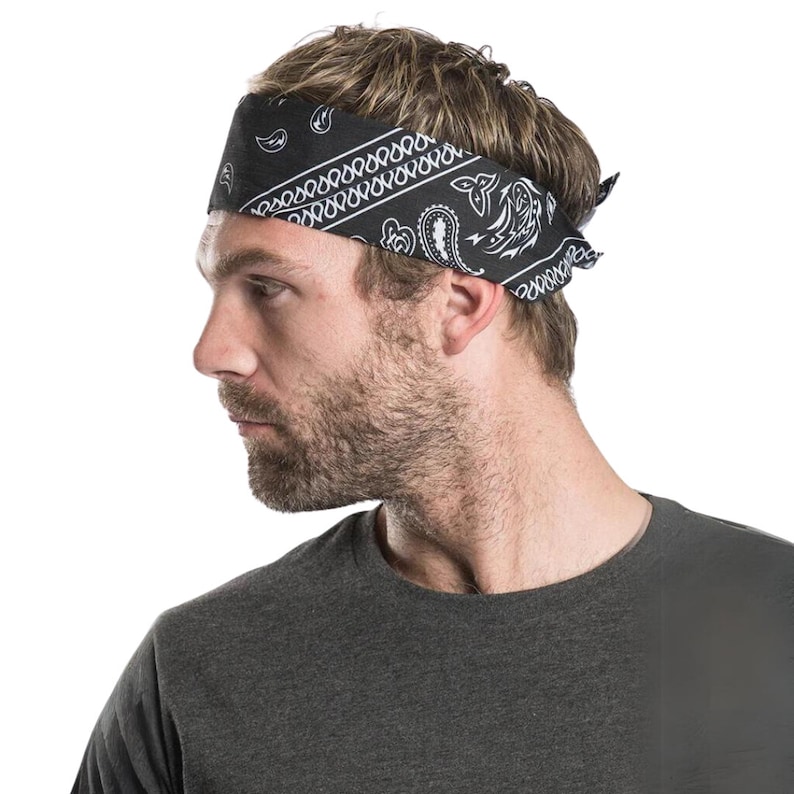 Black Paisley Pre-sewn Bandana Headband Pair of 2 Bandanas Biker ...