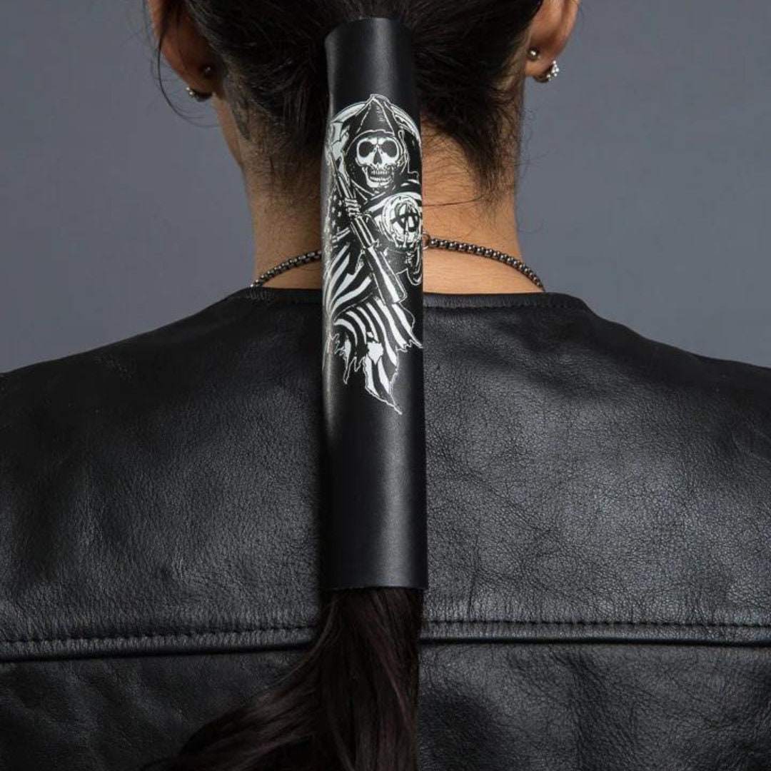 8" SOA Reaper Drapped W/flag in Foil Hair Glove | Biker Ponytail Hair ...