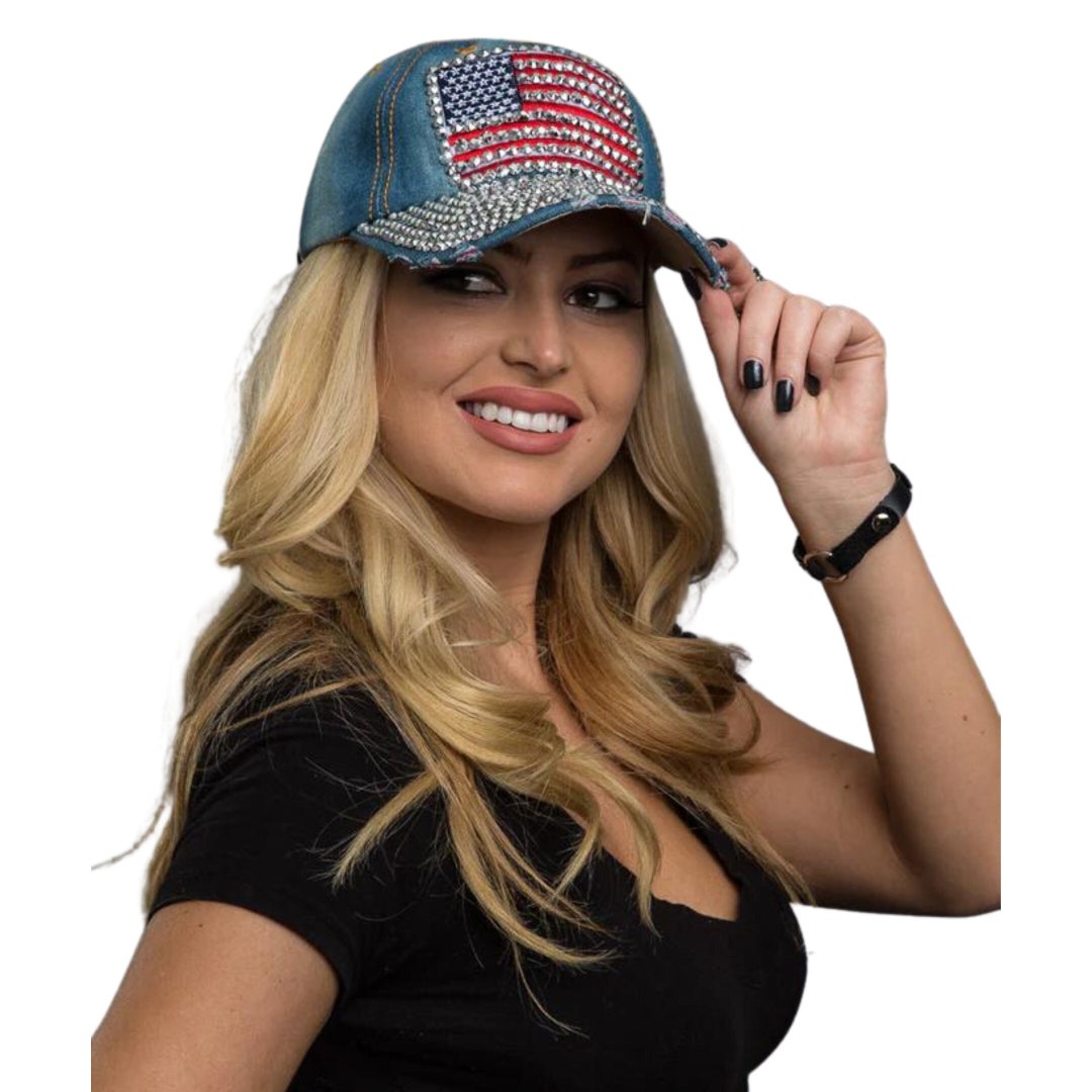 Bling Rhinestone USA Flag Denim Hat | 3x2 Inch Patch | Patriotic ...