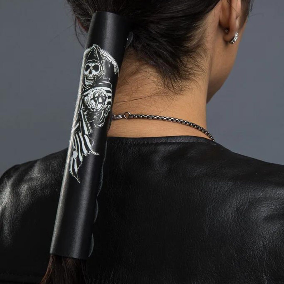 8" SOA Reaper Drapped W/flag in Foil Hair Glove | Biker Ponytail Hair ...