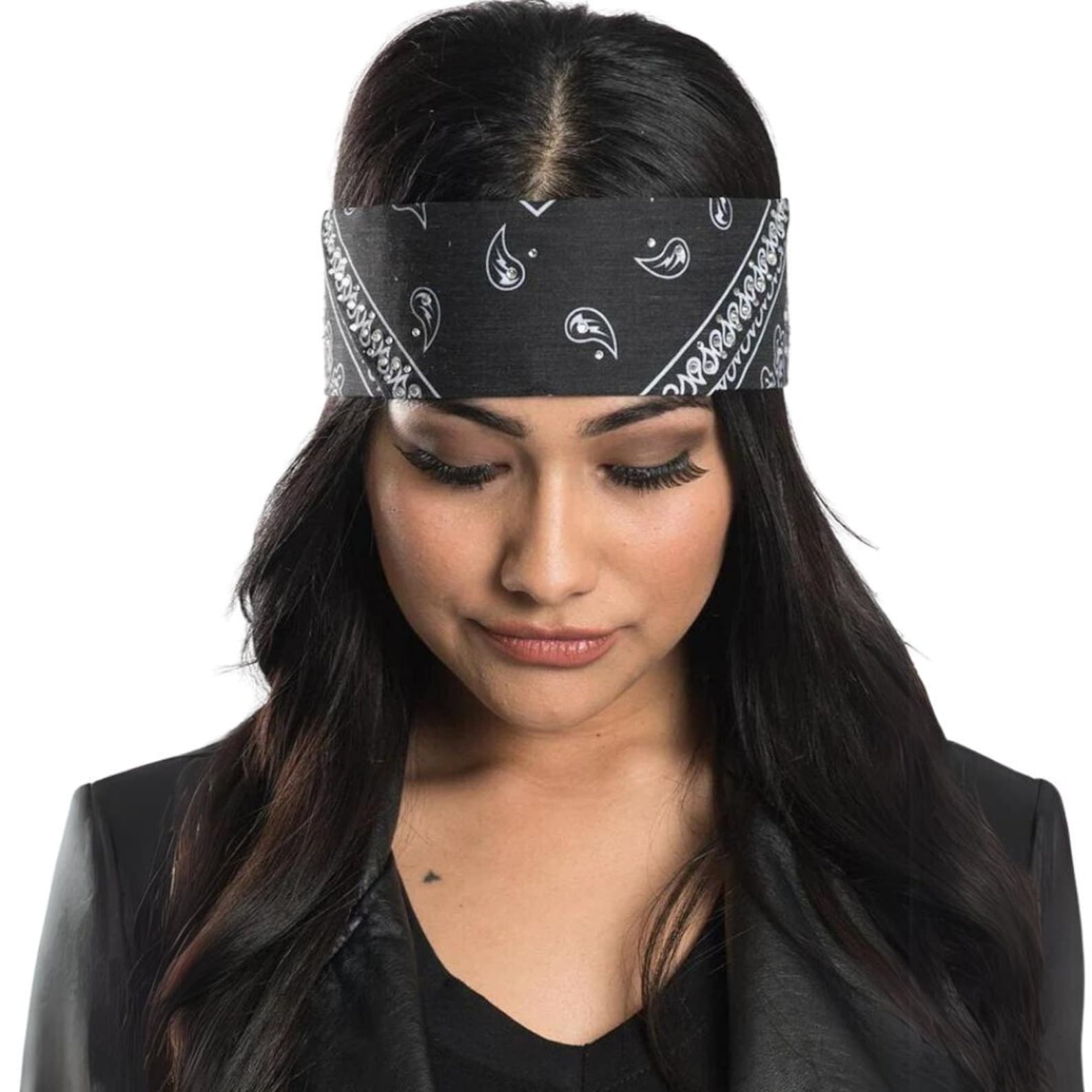 Black Paisley With Gems Pre Sewn Bandana Headband Biker Headband ...