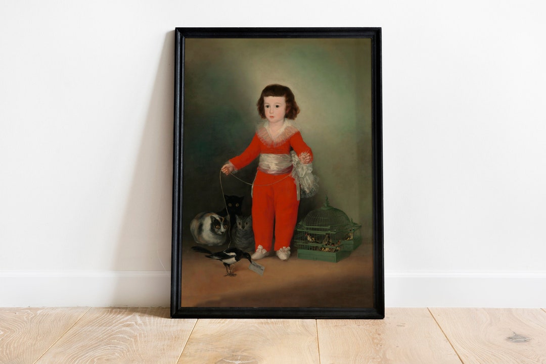 Boy in Red With 3 Cats and Birds Print Poster, Vintage Antique Style ...