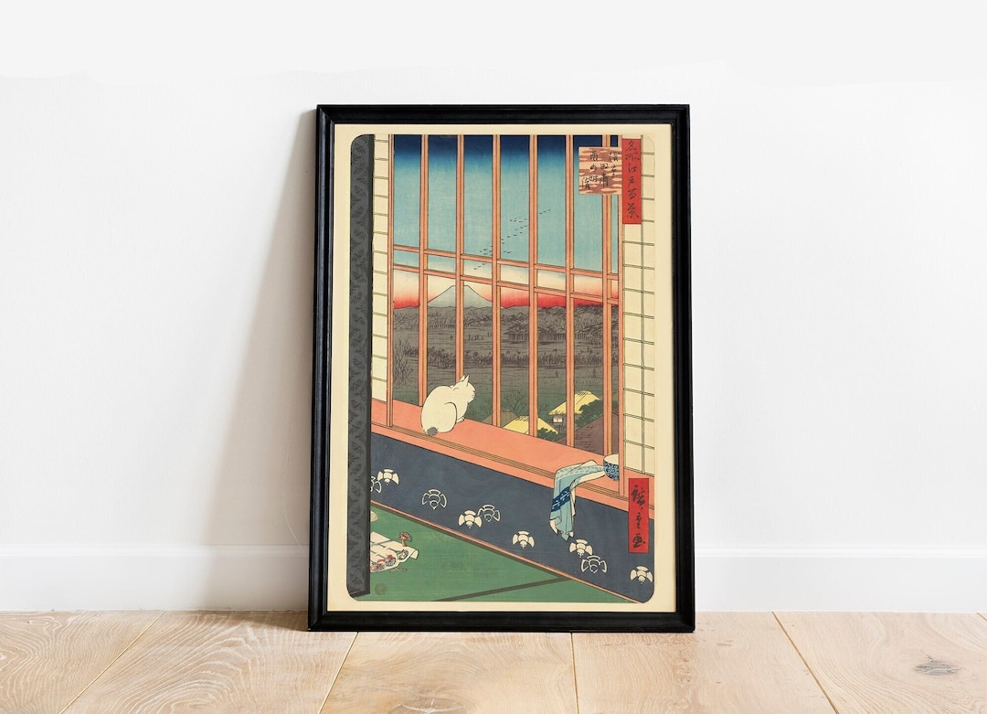 White Cat in Window Japanese Woodblock Print Poster, Vintage Antique ...