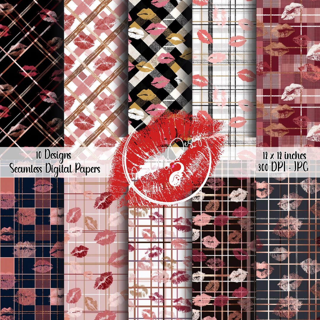 Lipstick Kiss Plaid Digital Paper, Seamless Valentine's Scrapbook ...