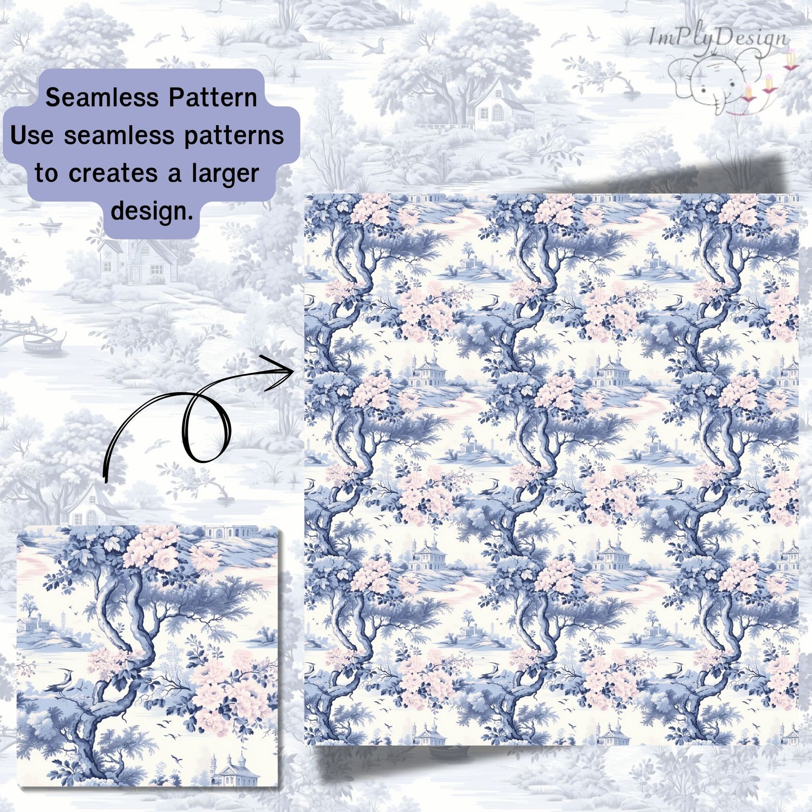 Elegant French Toile Pattern, Upholstery, Quilting Vintage Blue and ...