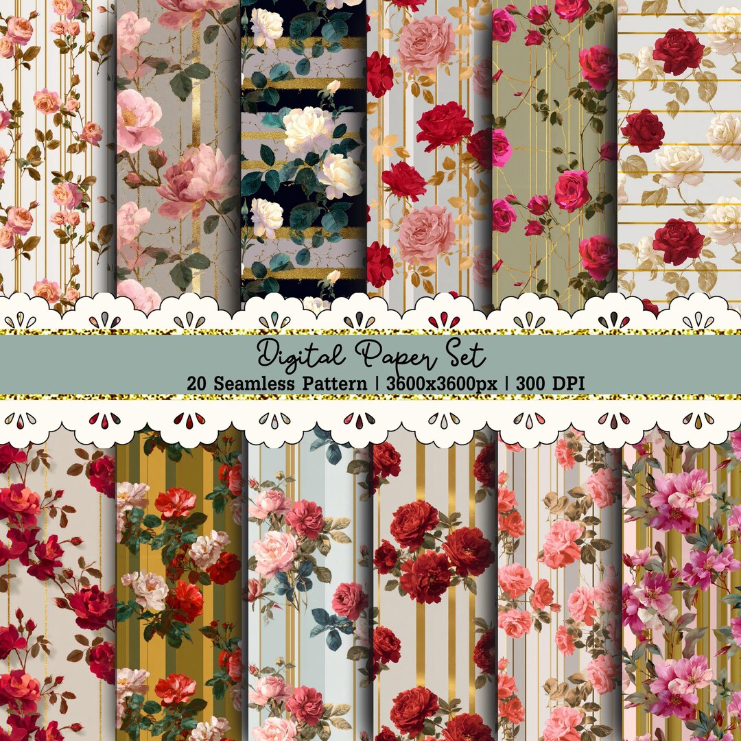 Vintage Red Rose Digital Paper Set, Luxury Gold Striped for Junk ...