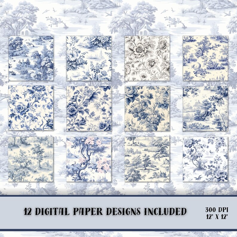 Elegant French Toile Pattern, Upholstery, Quilting - Vintage Blue and ...