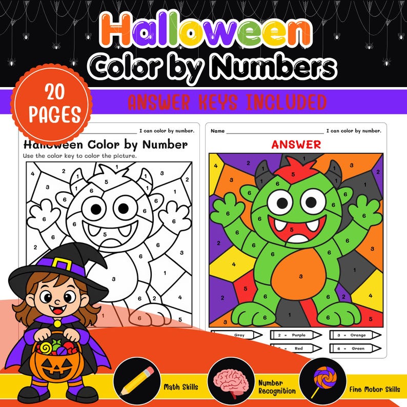 10 Halloween Color by Number Worksheets: Printable Kids Math Activity ...