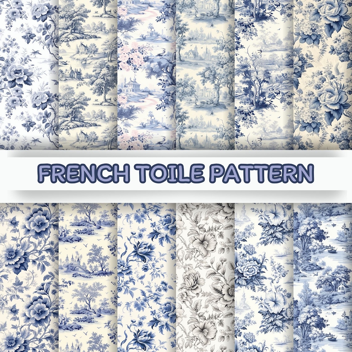Elegant French Toile Pattern, Upholstery, Quilting Vintage Blue and ...