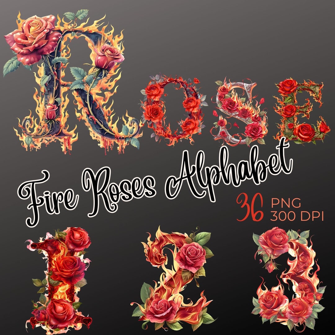Fire Roses Alphabet Clipart, Number Clipart, Transparent Background ...