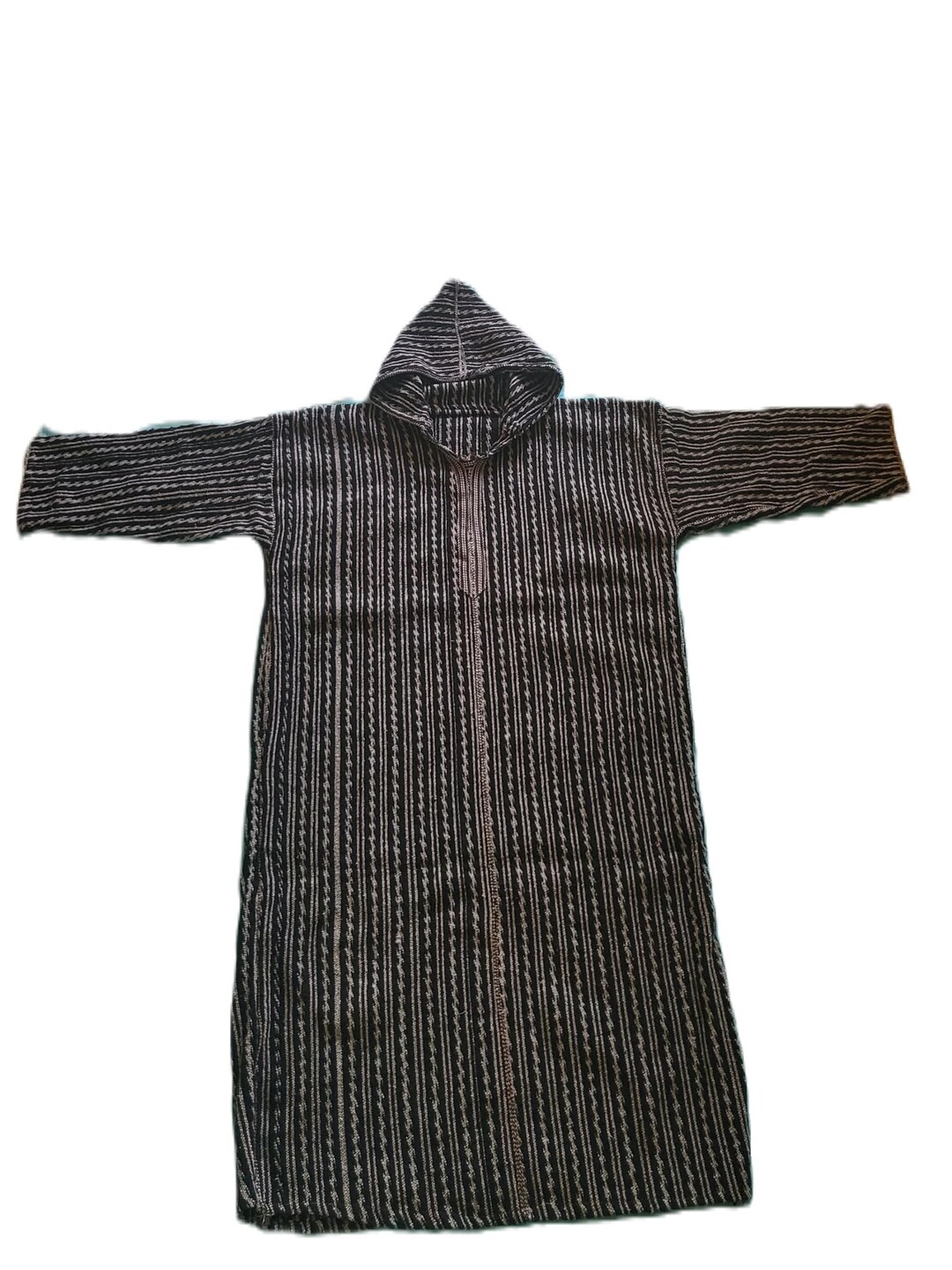 Mens Black Djellaba, Jellaba With White Line Pattern for Cold Weather ...