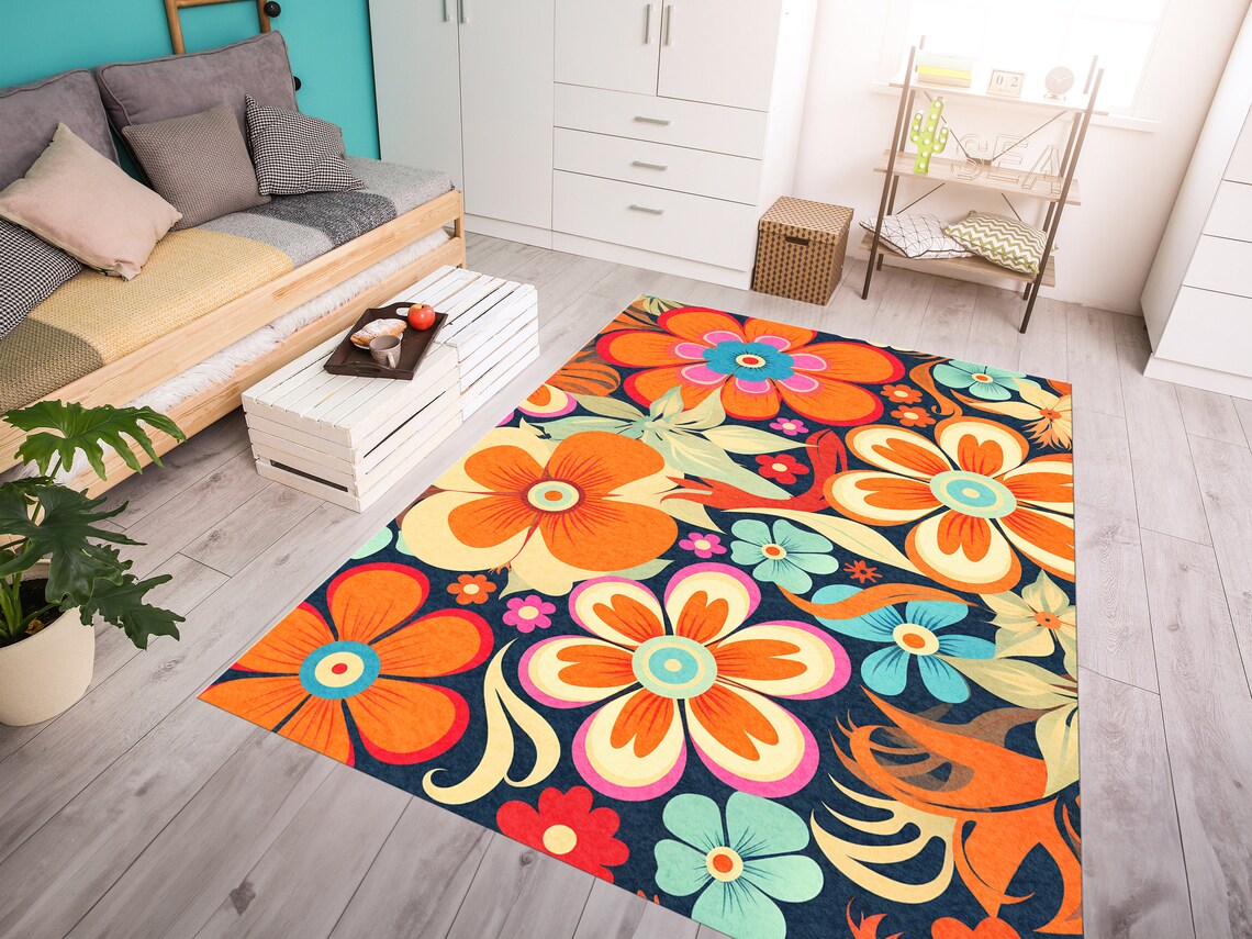 Retro Flower Rug, Retro Rug for Bedroom, 70s Rug for Living Room ...
