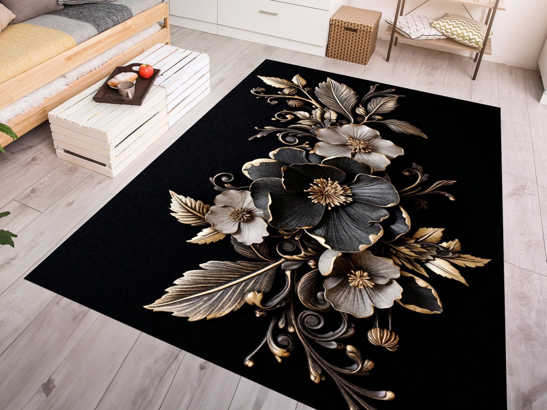 Black Floral Area Rug: Modern Daisy Flower Carpet - Etsy