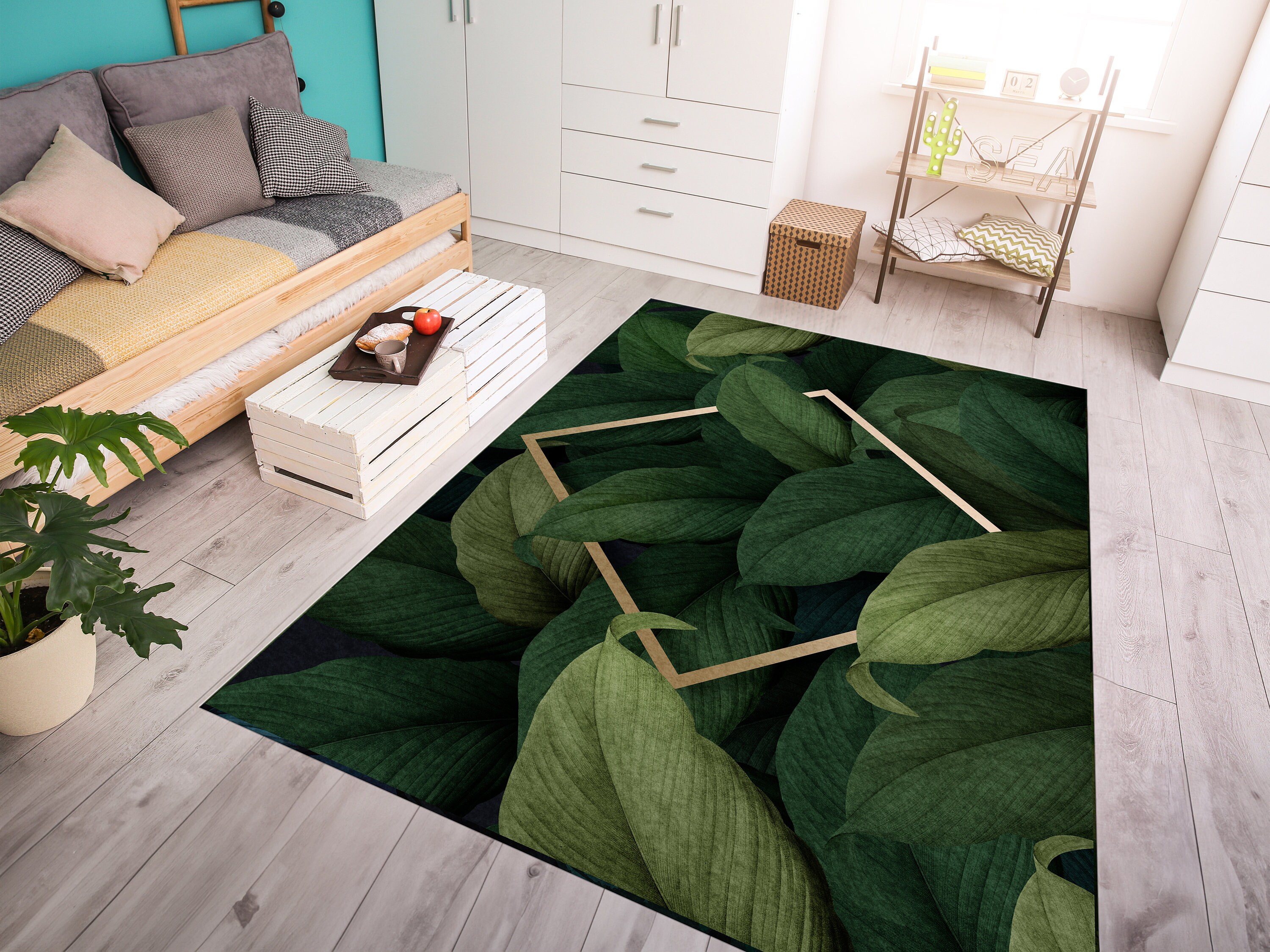 FLORAL AREA RUG, 5X9 Palm Leaf Floor Mat, Green Leaf Rug, Green Vibrant ...