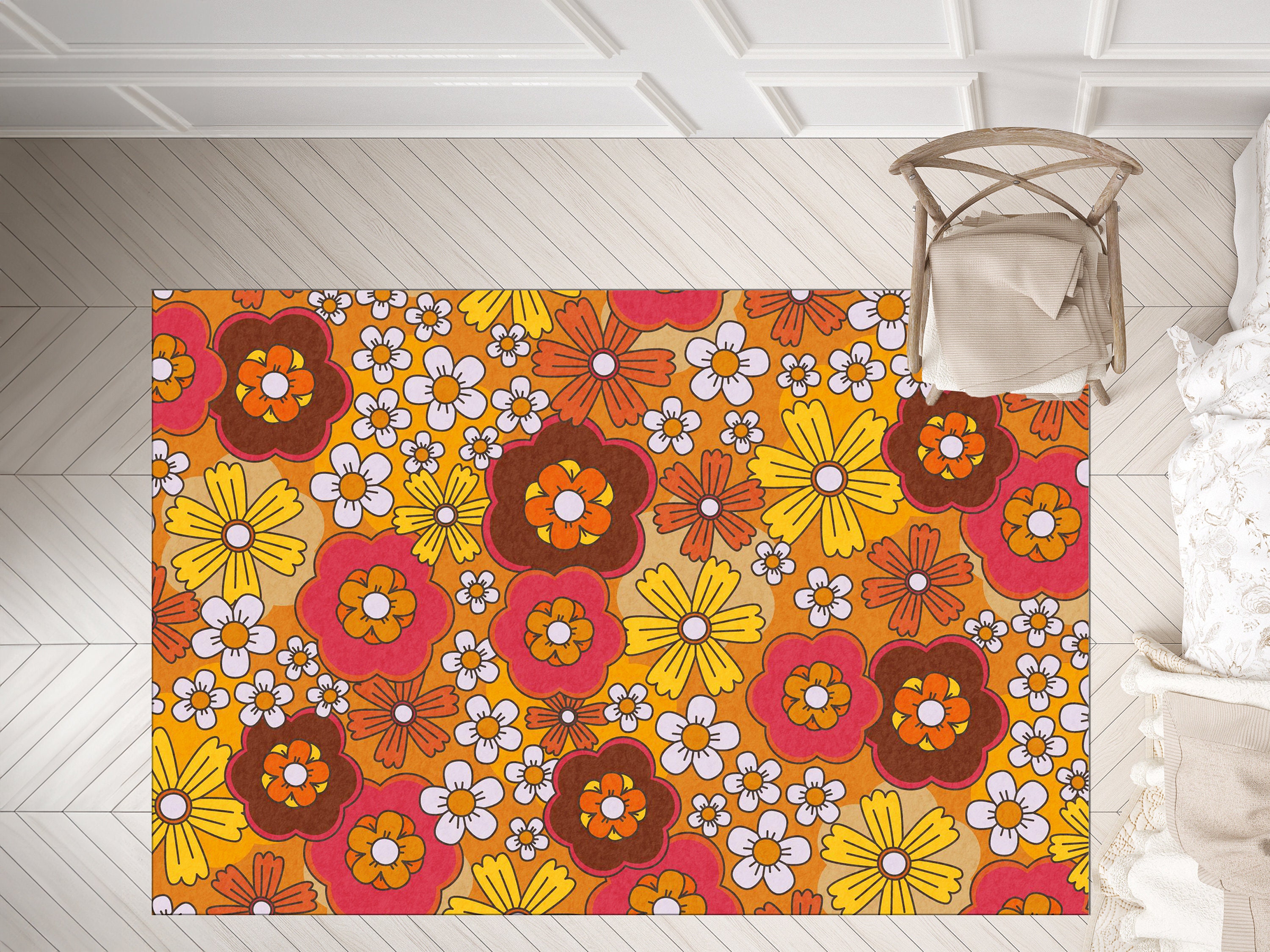 Retro Rug, Retro Rug for Bedroom, 70s Rug for Living Room, Flowers ...