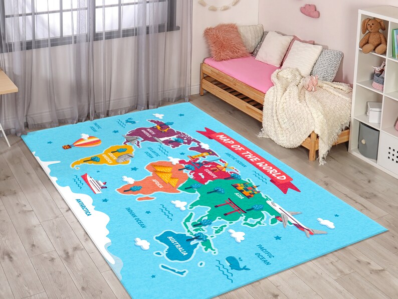 Kids World Map Rug Kids Room Map Rug Educational Play Rug - Etsy
