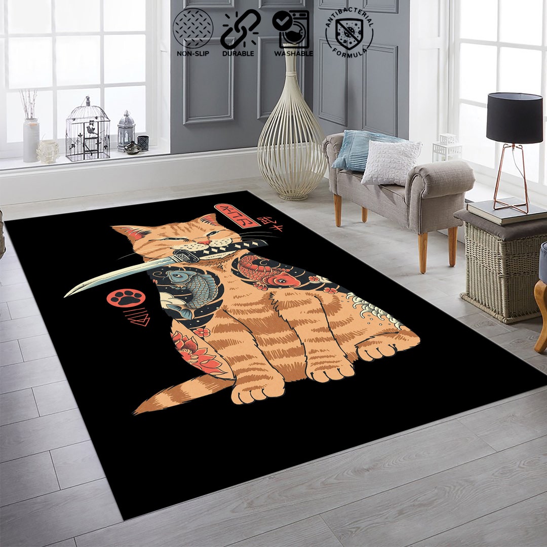 Japanese Rug, Katana Cat Rug, Ninja Cat, Samurai Cat, Japanese Cat ...