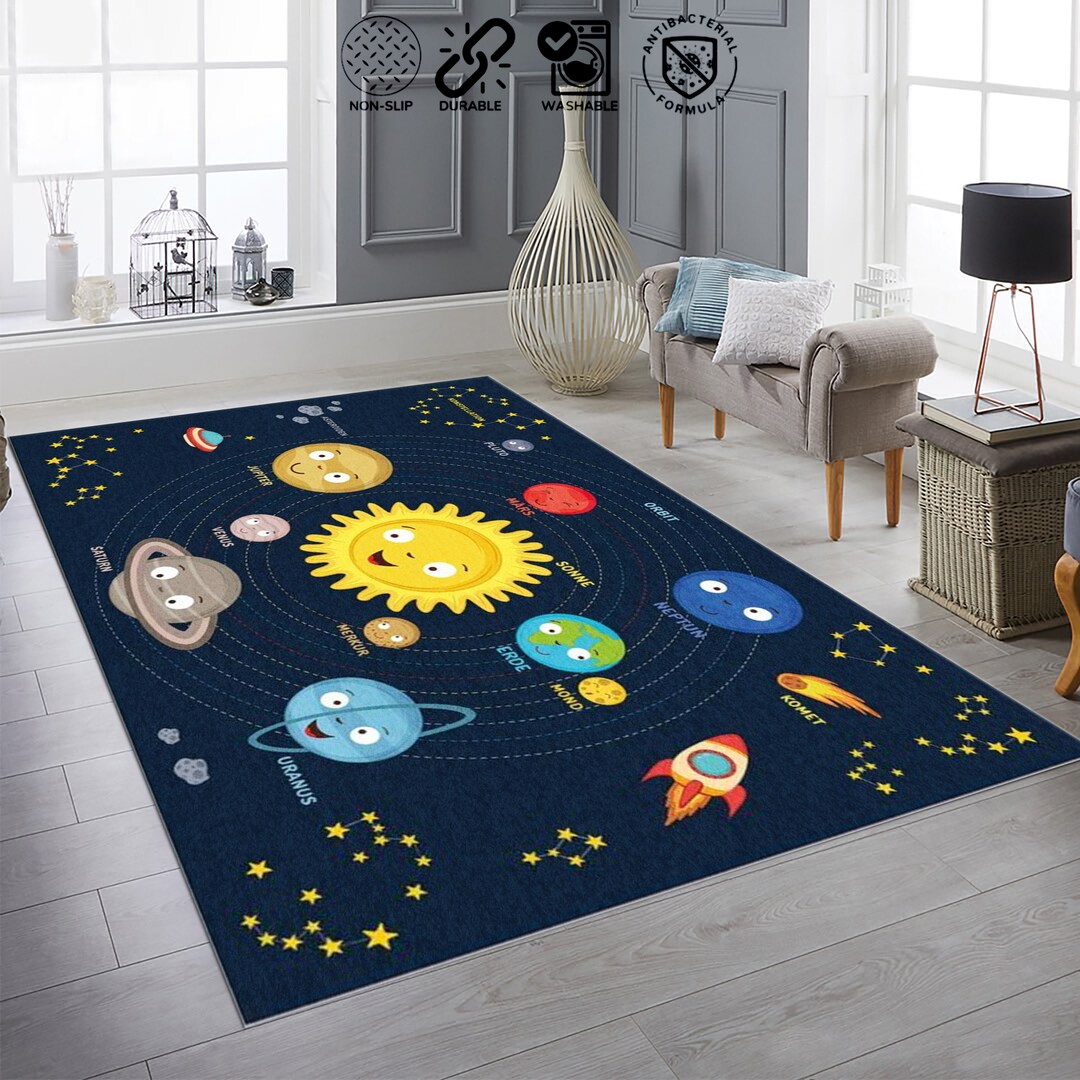 Vibrant Cute Kids Solar System Printed Kids Room Rug, Educational Solar ...