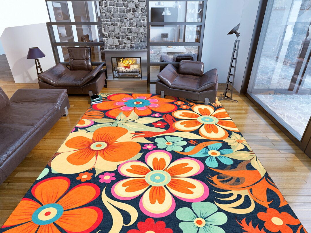 Retro Flower Rug, Retro Rug for Bedroom, 70s Rug for Living Room ...