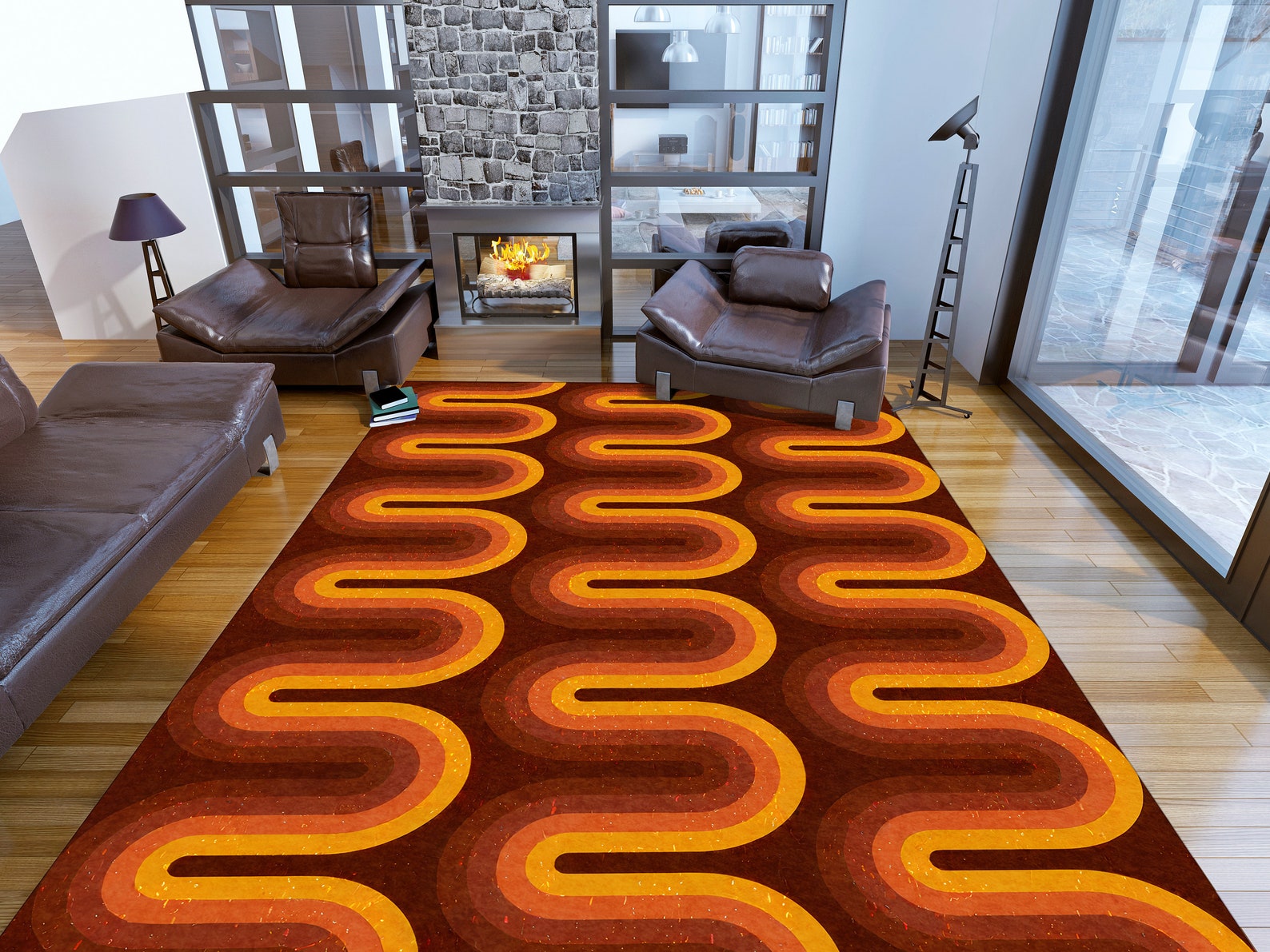 Brown Groovy Retro 70s Area Rug,retro Swirl Rug,tangerine Mid Century ...