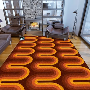 Brown Groovy Retro 70s Area Rug,retro Swirl Rug,tangerine Mid Century ...