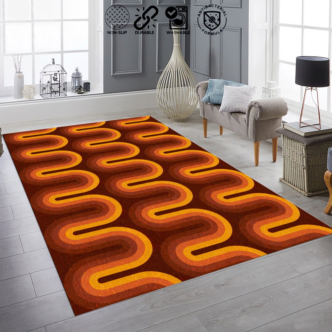 Brown Groovy Retro 70s Area Rug,retro Swirl Rug,tangerine Mid Century ...