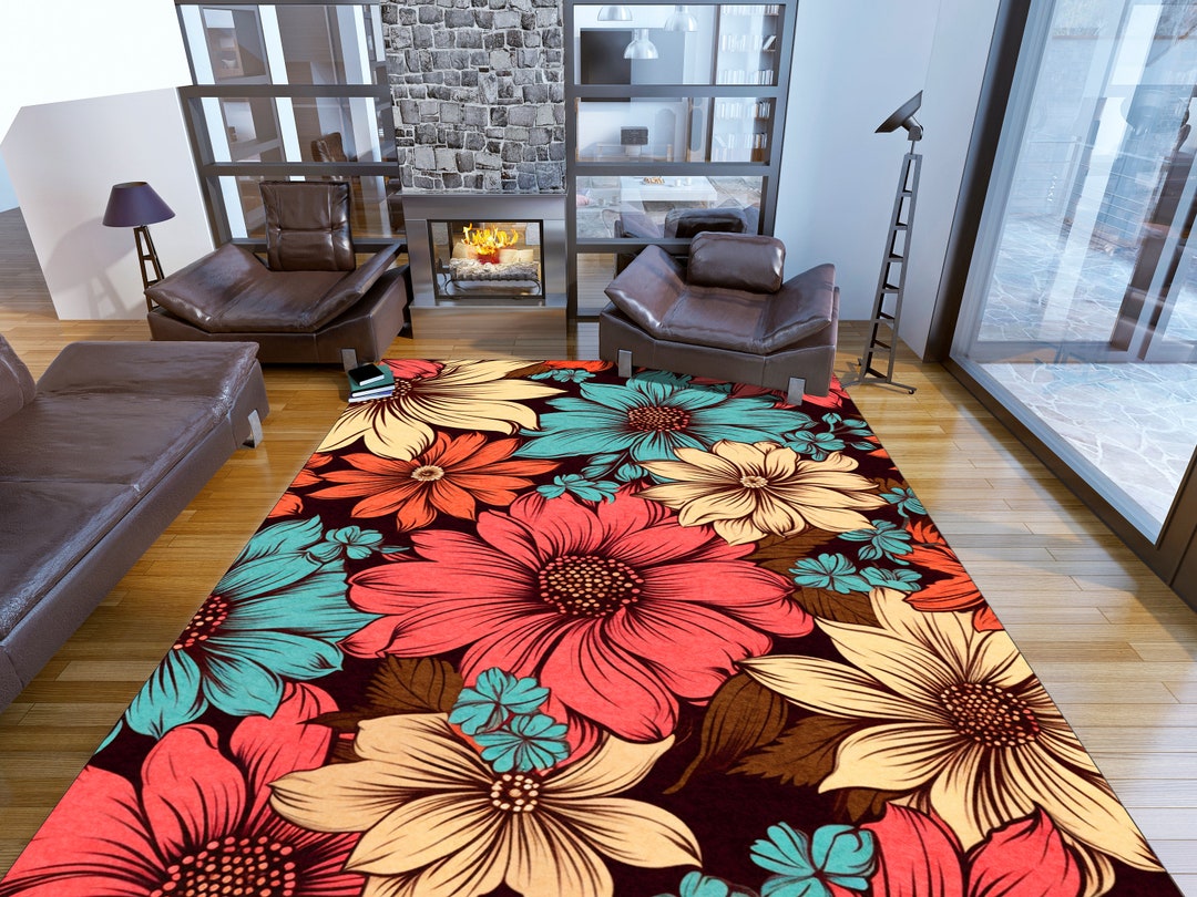 Retro Flower Rug 80s Retro Rug for Bedroom Rug for Living - Etsy