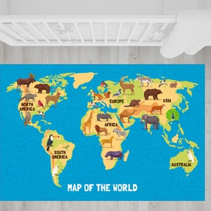 Animals World Map Rug, Kids Room Map Rug, Educational Play Rug, Soft ...