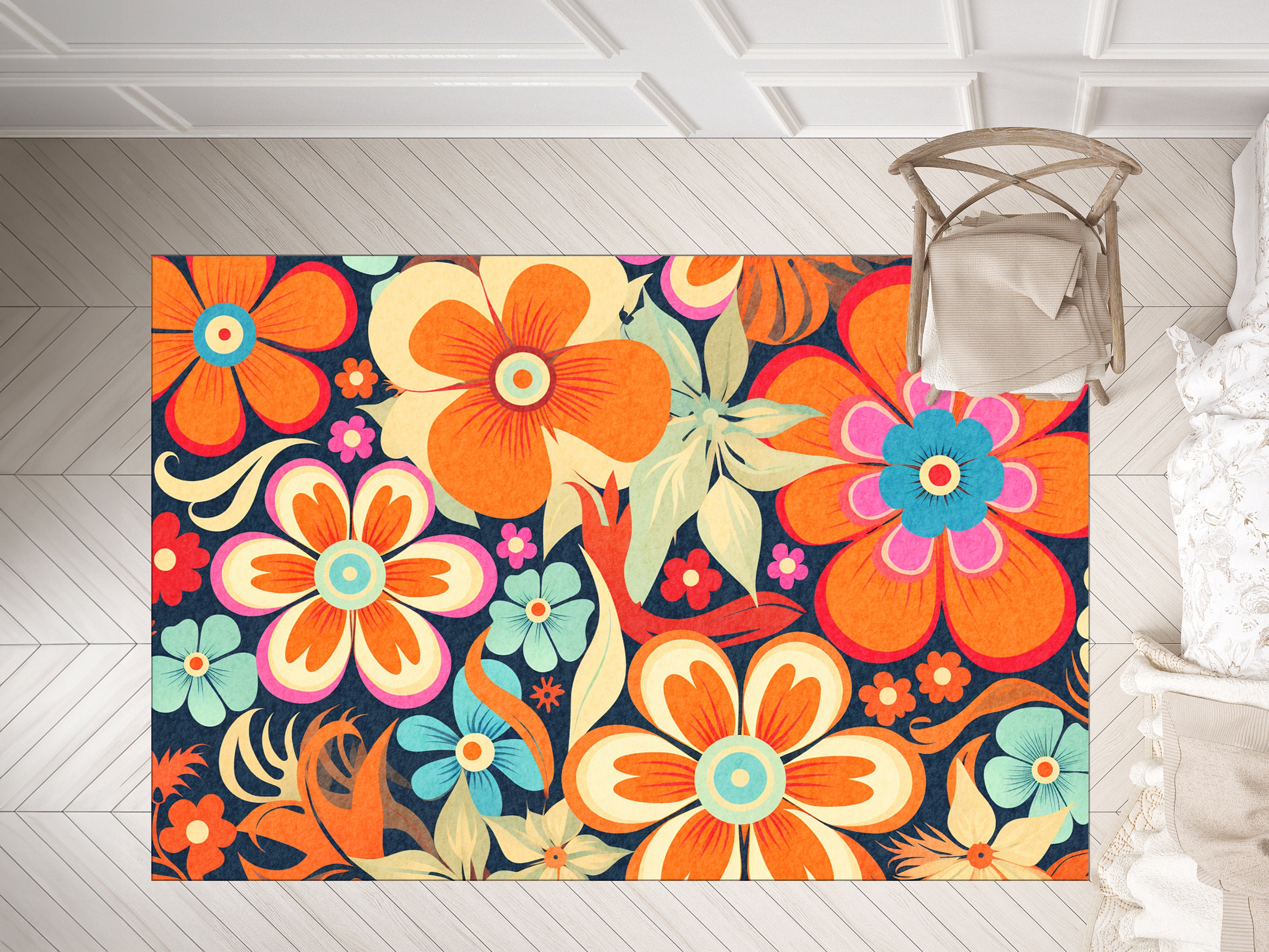 Retro Flower Rug, Retro Rug for Bedroom, 70s Rug for Living Room ...