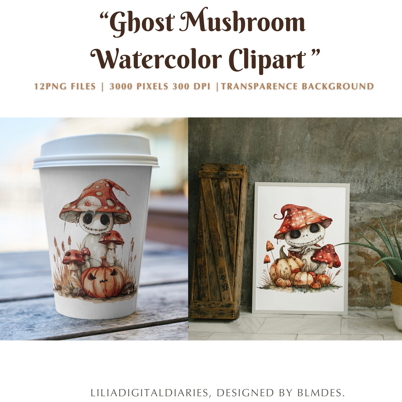 Ghost Mushroom Watercolor Clipart, Instant Download,spooky Mushroom Art ...