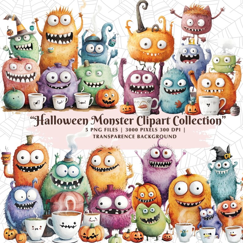 Halloween Monster Clipart Set,watercolor Digital Clipart,cute Halloween ...