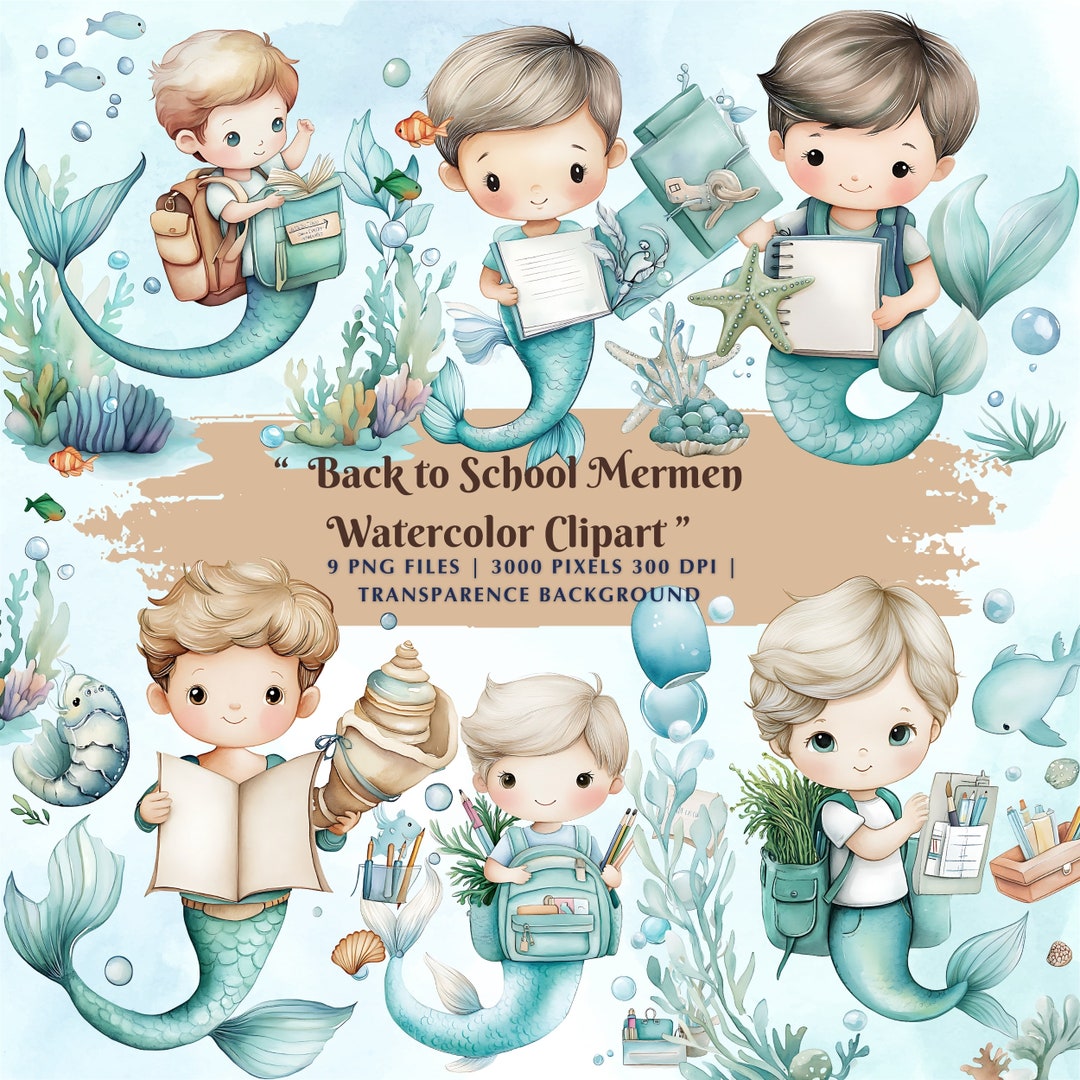 Back to School Mermen Watercolor Clipart Set, Instant Download, Cute ...
