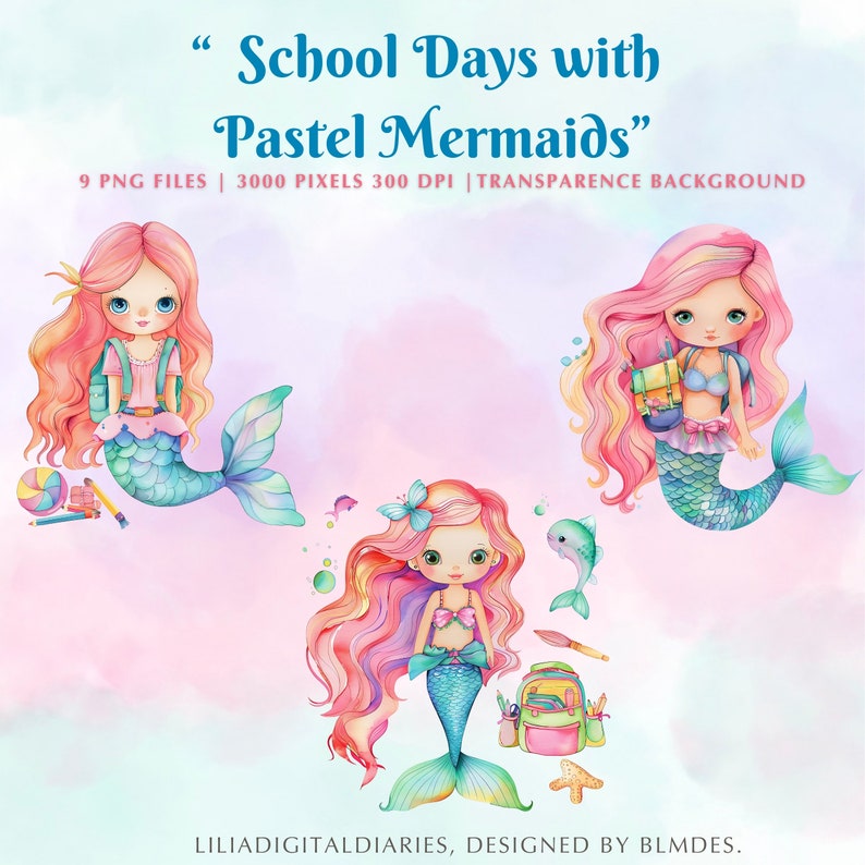 Pastel Mermaid School Days Watercolor Clipart,instant Download,cute ...