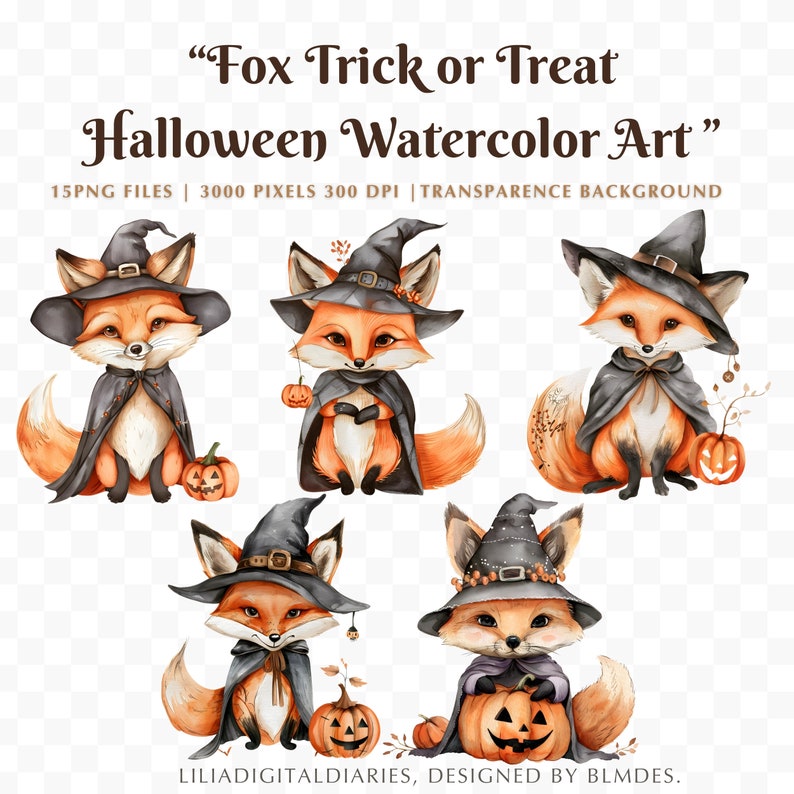 Fox Halloween Watercolor Clipart Instant Download | Cute Foxes ...