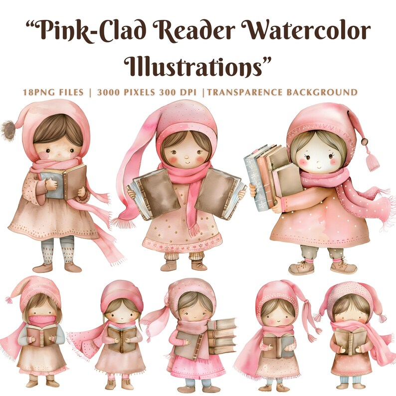 Adorable Back to School Pink-clad Reader Watercolor Illustrations Set ...