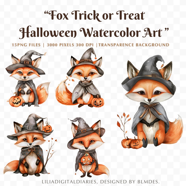 Fox Halloween Watercolor Clipart Instant Download | Cute Foxes ...