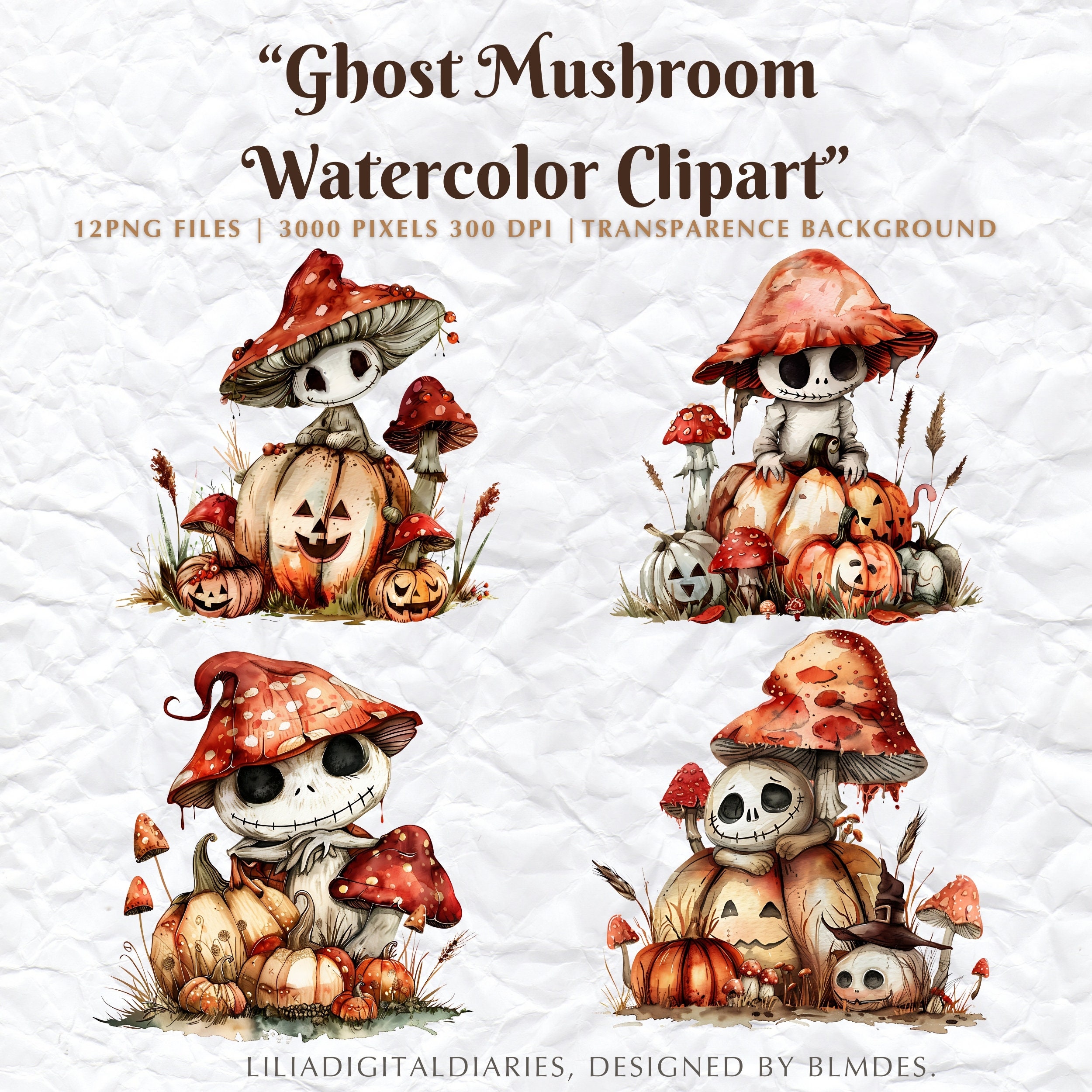 Ghost Mushroom Watercolor Clipart, Instant Download,spooky Mushroom Art ...