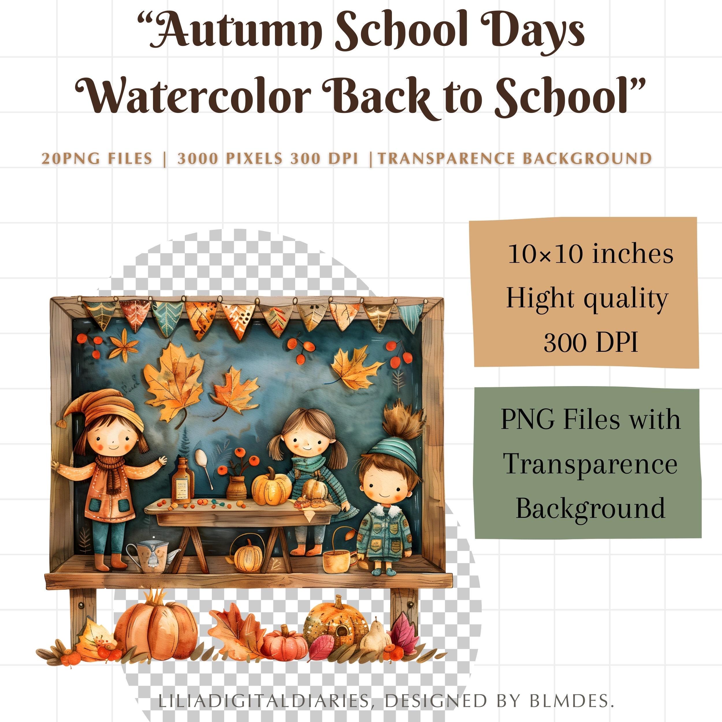 Autumn School Days Watercolor Clipart Set: Back to School PNG (digital ...