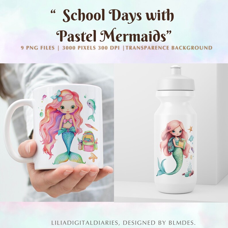 Pastel Mermaid School Days Watercolor Clipart,instant Download,cute ...