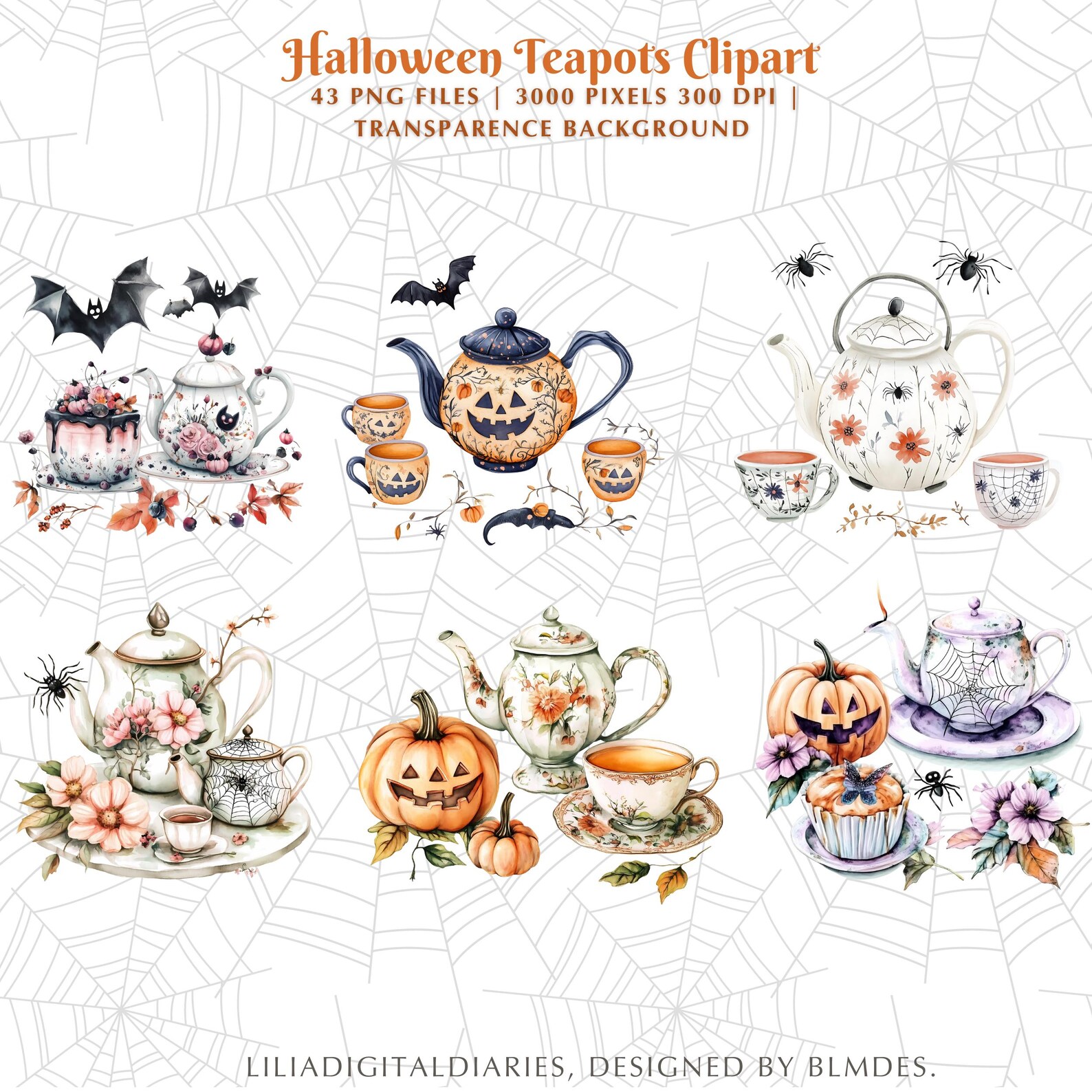 Halloween Teapots Clipart,teapots Clipart, Spooky Clipart,clipart Set ...