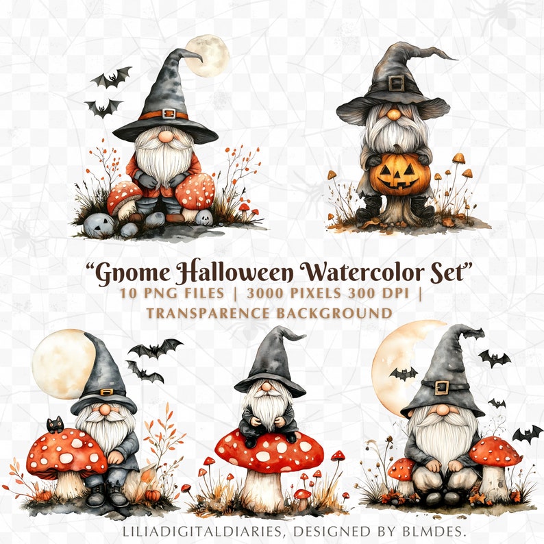 Watercolor Gnome Halloween Clipart Set, Instant Download Cute Gnomes ...