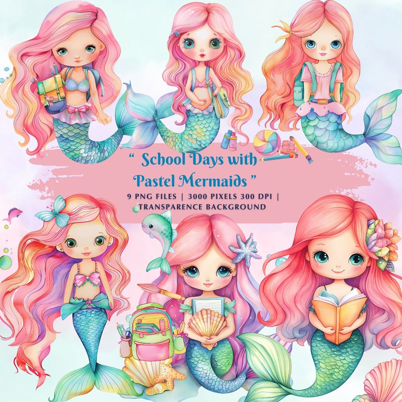 Pastel Mermaid School Days Watercolor Clipart,instant Download,cute ...