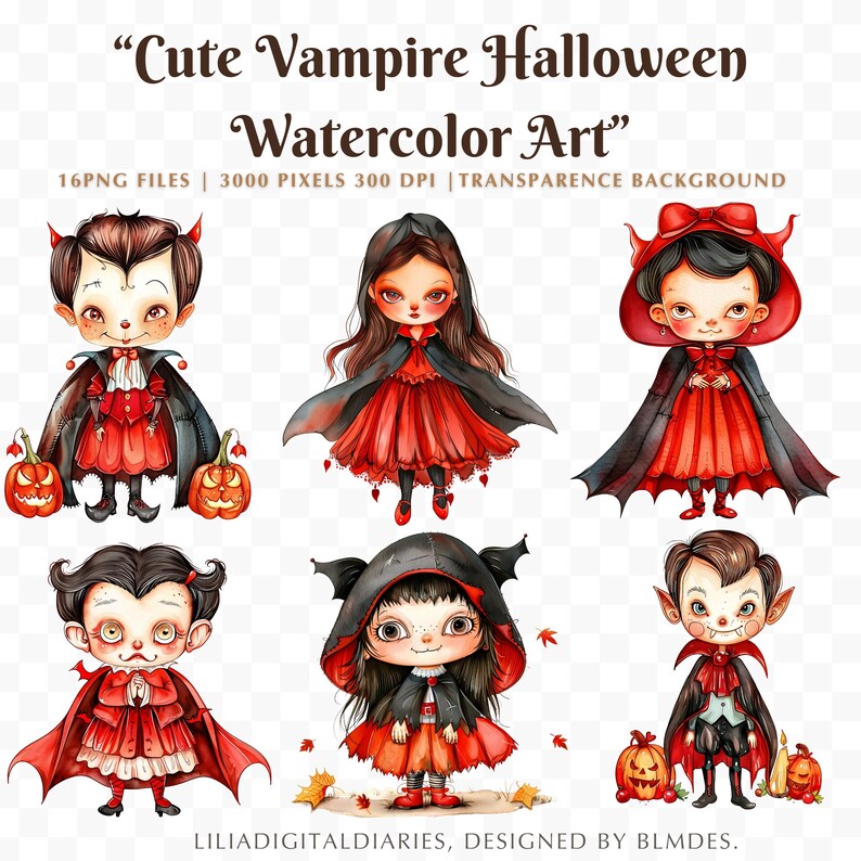 Cute Vampire Watercolor Clipart, Instant Download for Halloween Crafts ...