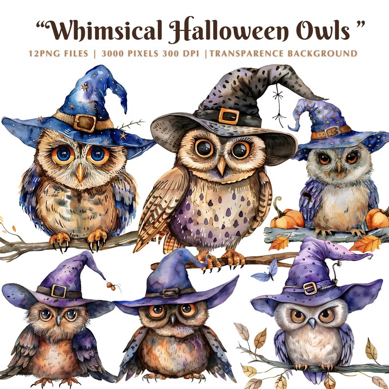 Whimsical Halloween Owls Watercolor Clipart, Cute Digital Owl ...