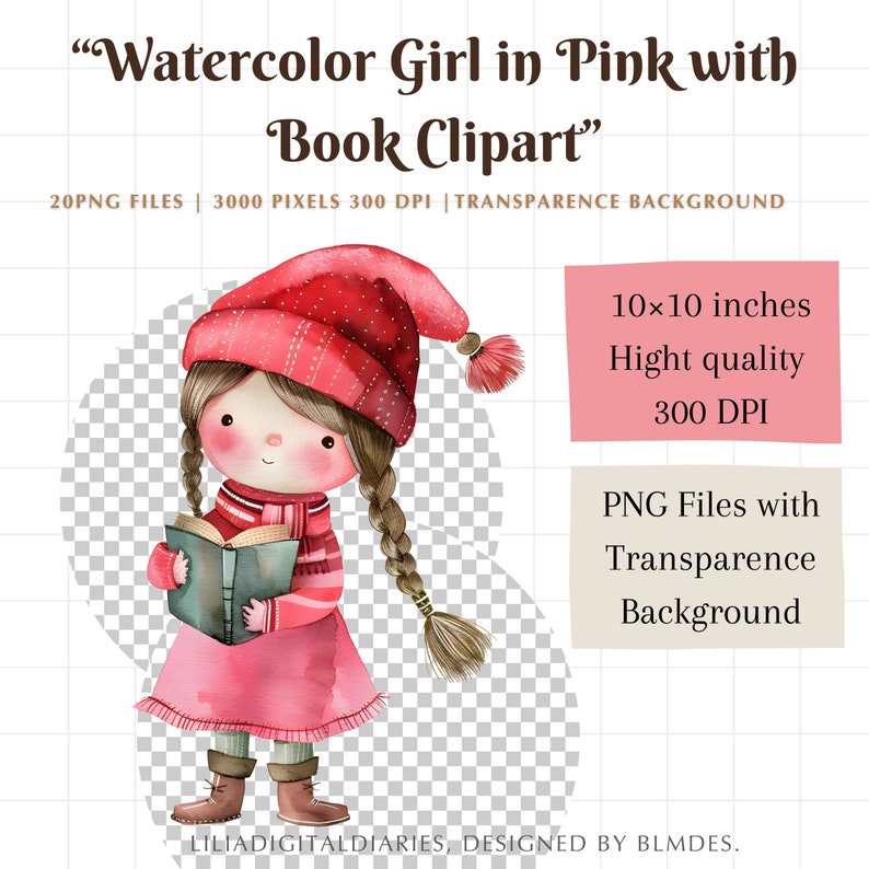 20 Watercolor Girl Clipart With Books, Pink Watercolor Girls With Books ...