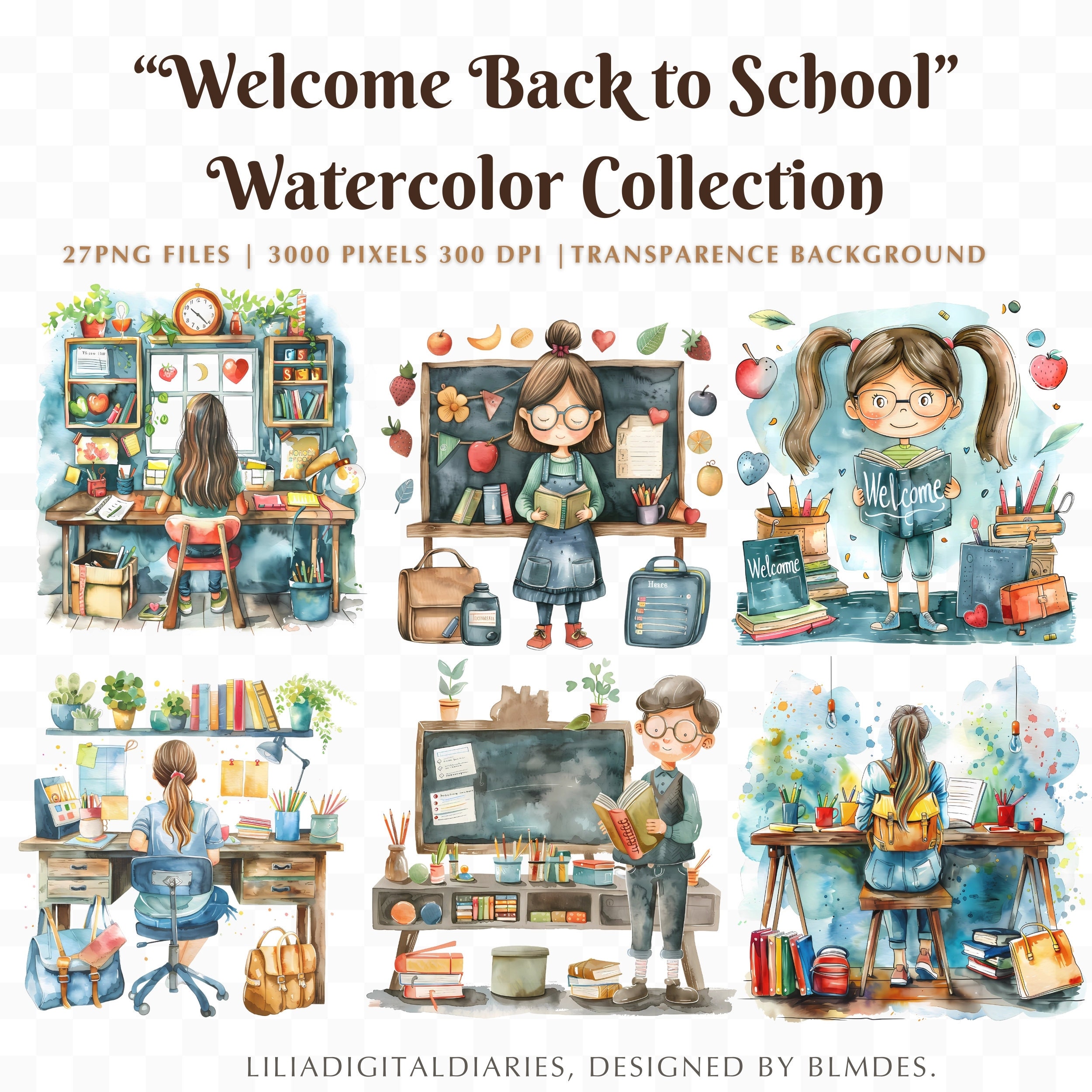 Welcome Back to School Watercolor Collection Vibrant Digital Art for ...