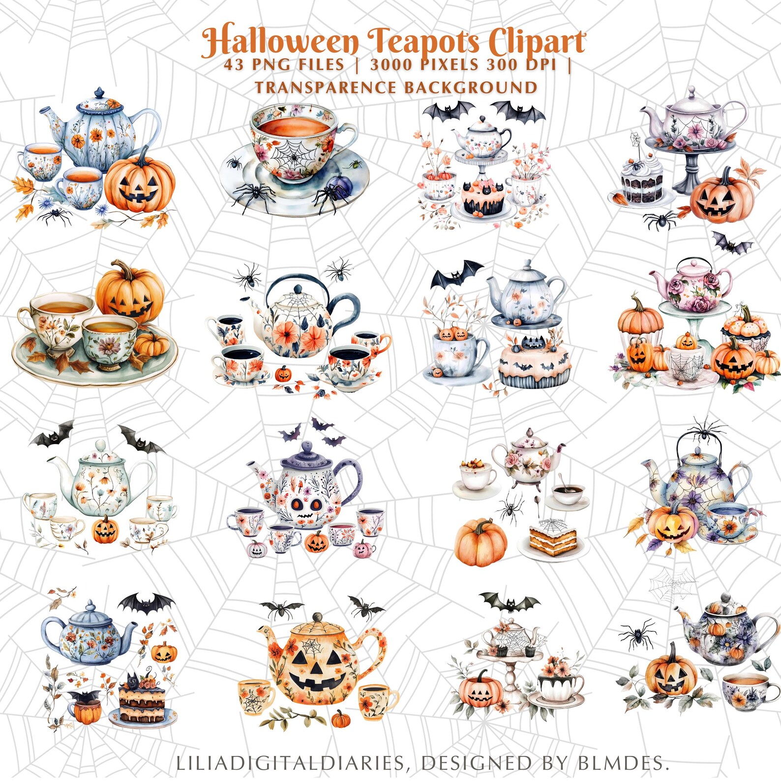 Halloween Teapots Clipart,teapots Clipart, Spooky Clipart,clipart Set ...