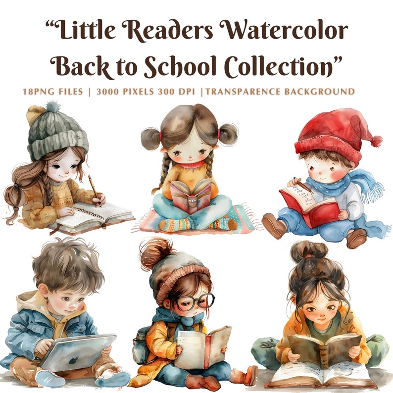 Little Readers Watercolor Back to School Collection, Whimsical Kids Art ...
