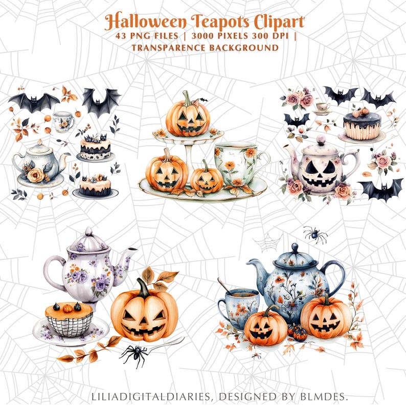 Halloween Teapots Clipart,teapots Clipart, Spooky Clipart,clipart Set ...